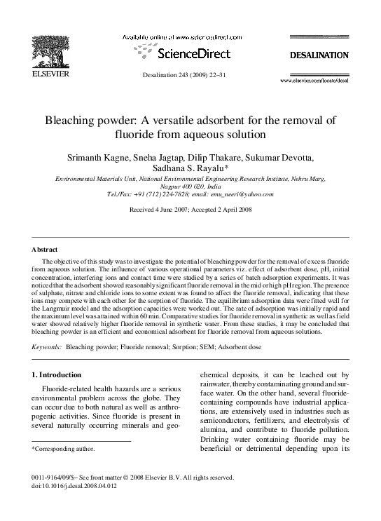 (PDF) Bleaching powder: A versatile adsorbent for the removal of ...