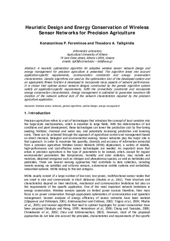 (PDF) Heuristic Design and Energy Conservation of Wireless Sensor Networks for Precision Agriculture