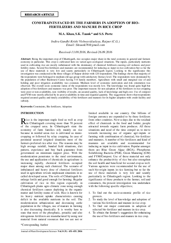 (PDF) CONSTRAINTS FACED BY THE FARMERS IN ADOPTION OF BIO- FERTILIZERS AND MANURE IN RICE CROP