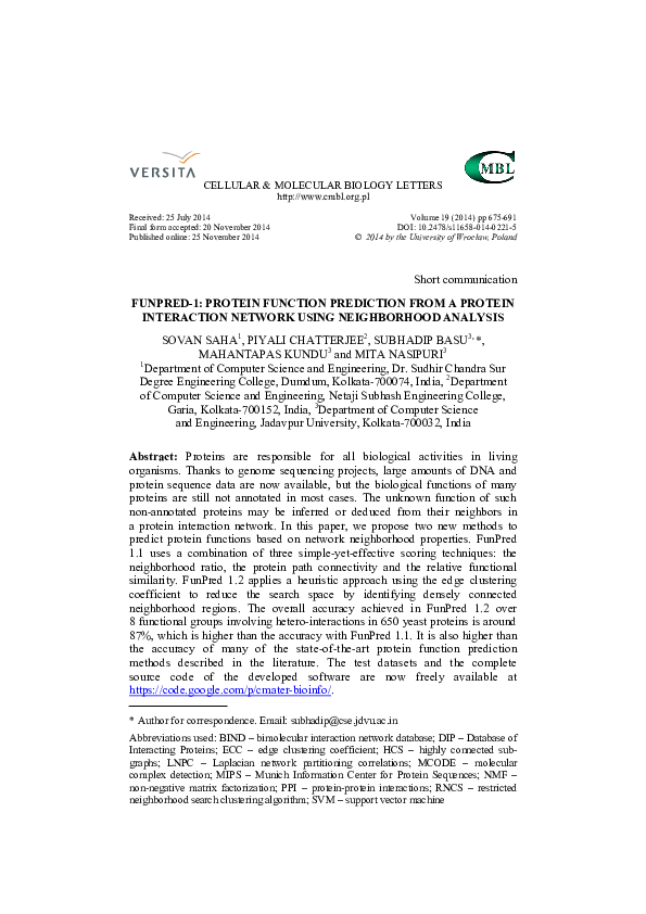 Pdf Funpred 1 Protein Function Prediction From A Protein Interaction Network Using