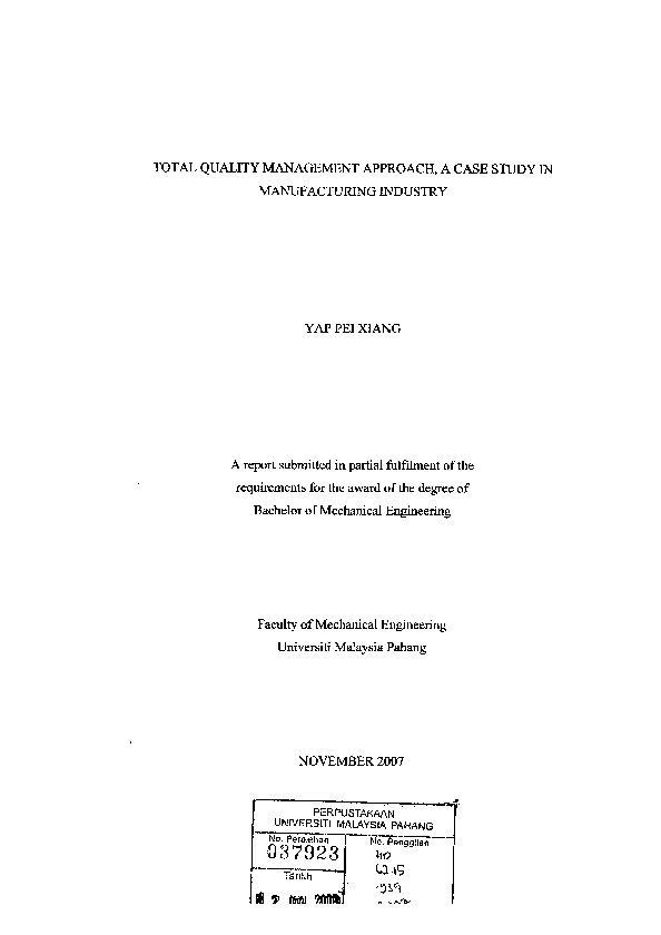(PDF) TOTAL QUALITY MANAGEMENT APPROACH, A CASE STUDY IN MANUFACTURING ...