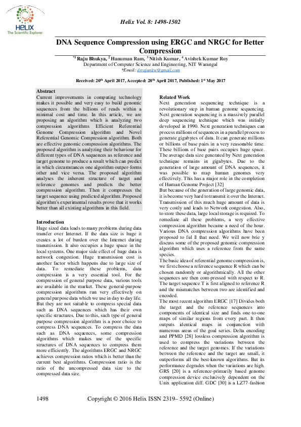 (PDF) DNA Sequence Compression using ERGC and NRGC for Better Compression