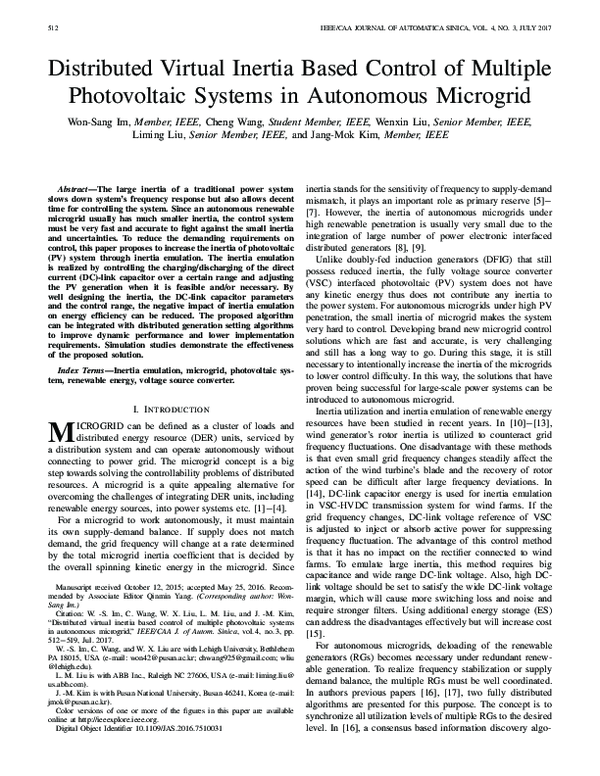 Pdf Distributed Virtual Inertia Based Control Of Multiple Photovoltaic Systems In Autonomous