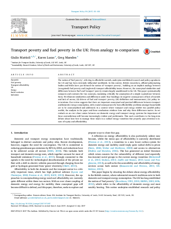 (PDF) Transport poverty and fuel poverty in the UK: From analogy to ...