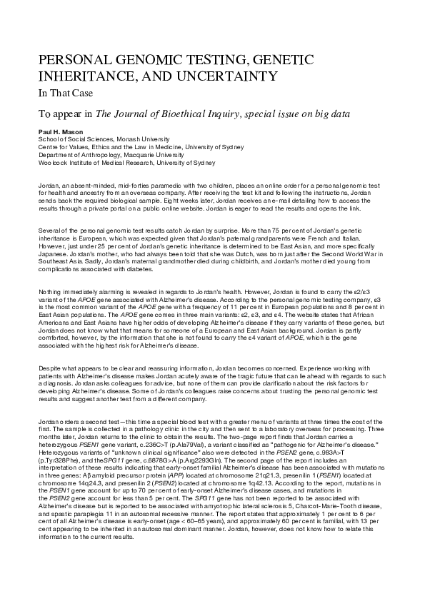 (PDF) Personal Genomic Testing, Genetic Inheritance, and Uncertainty ...