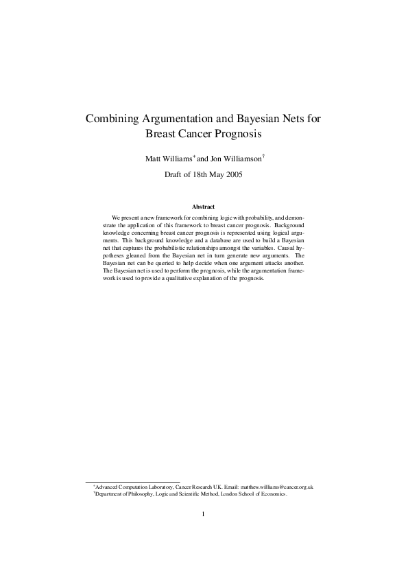 (PDF) Combining argumentation and Bayesian nets for breast cancer prognosis