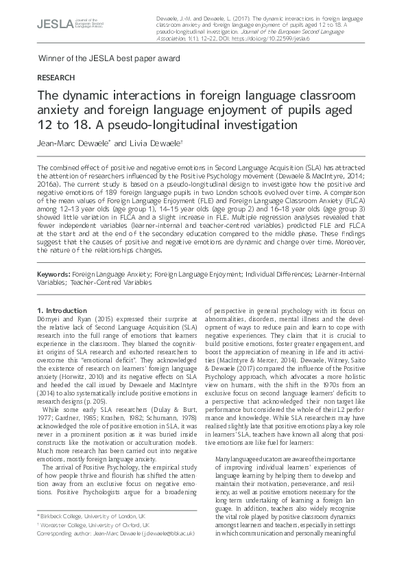 Pdf The Dynamic Interactions In Foreign Language Classroom Anxiety And Foreign Language