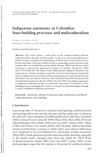 (PDF) Indigenous autonomy in Colombia: State-building processes and ...