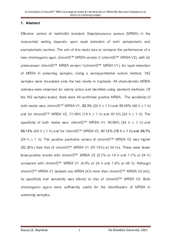 Doc An Evaluation Of Chromid™ Mrsa Chromogenic Media For The Detection Of Methicillin