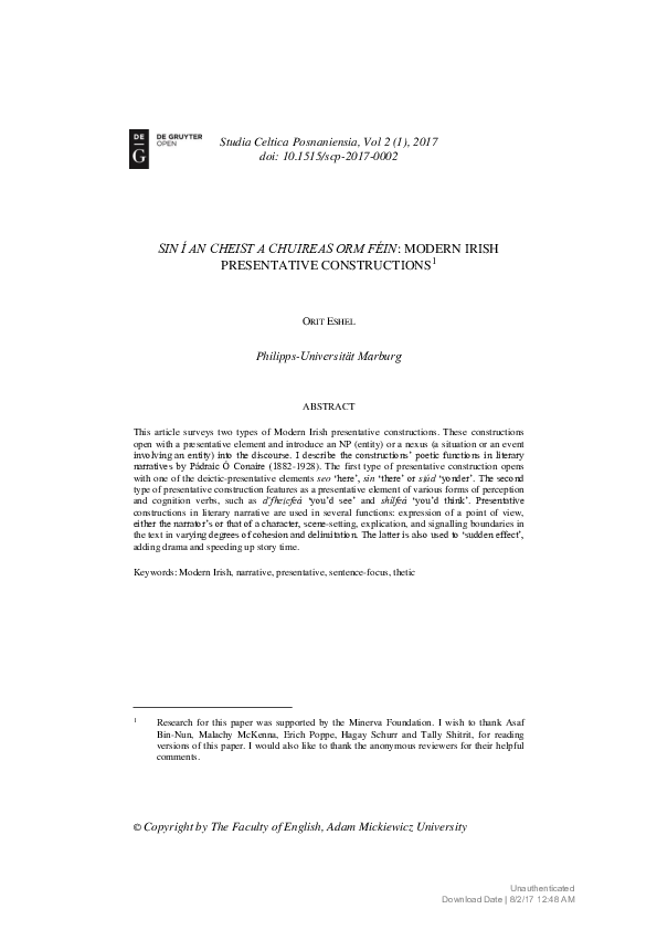 (PDF) Sin í an Cheist a Chuireas Orm: Modern Irish Presentative ...