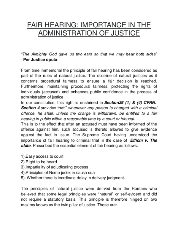 (DOC) FAIR HEARING: IMPORTANCE IN THE ADMINISTRATION OF JUSTICE