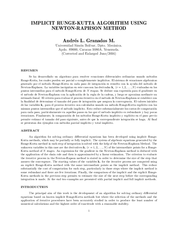 (PDF) Implicit Runge-Kutta Algorithm Using Newton-Raphson Method