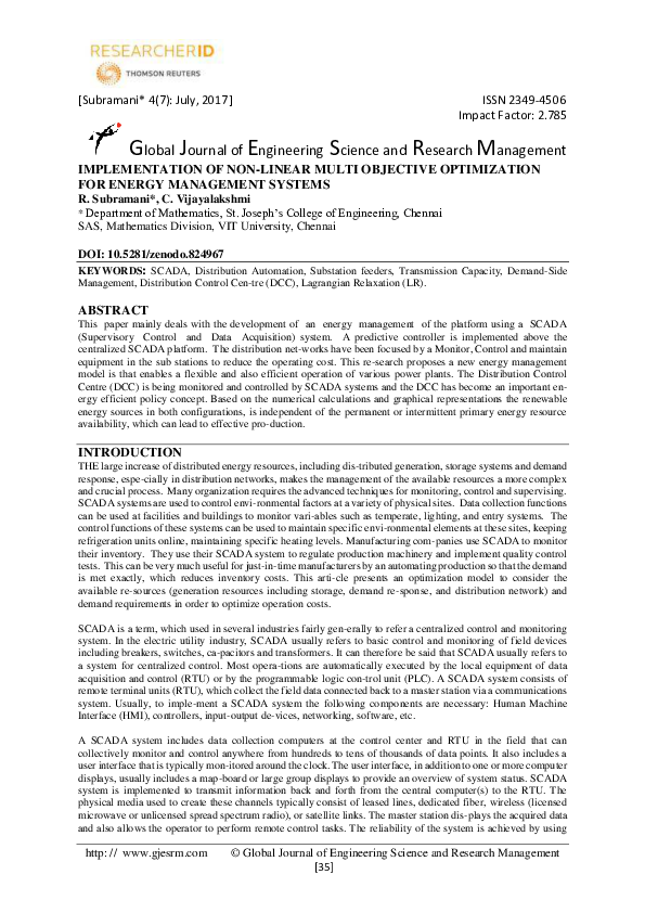 Pdf Implementation Of Non Linear Multi Objective Optimization For Energy Management Systems