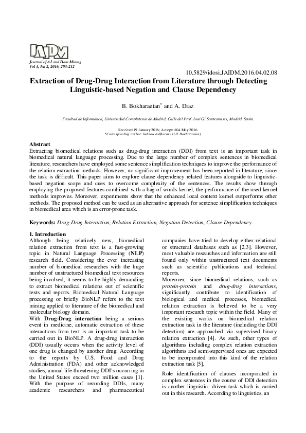 Pdf Using A Shallow Linguistic Kernel For Drug Drug Interaction Extraction Isabel Bedmar