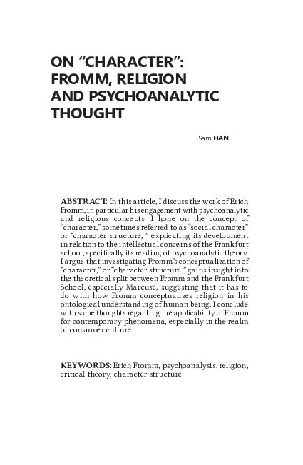 (PDF) ON " CHARACTER " : FROMM, RELIGION AND PSYCHOANALYTIC THOUGHT