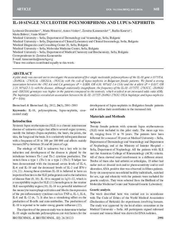 (PDF) IL-10 Single Nucleotide Polymorphisms and Lupus-Nephritis | Radka Kaneva - Academia.edu