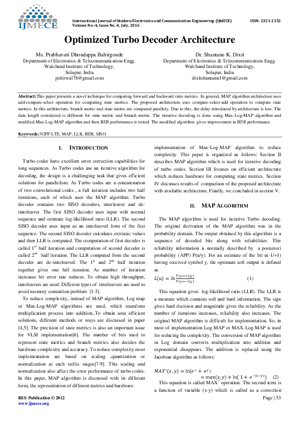 Pdf Optimized Turbo Decoder Architecture Prabhavati Bahirgonde 