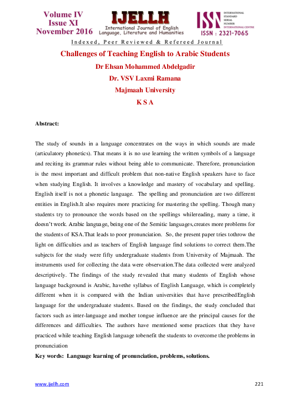 (PDF) Challenges of Teaching English to Arabic Students
