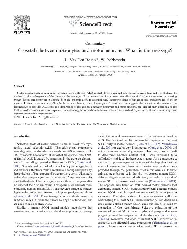 (PDF) Crosstalk between astrocytes and motor neurons: What is the message? (PDF) Crosstalk between astrocytes and motor neurons: What is the message?