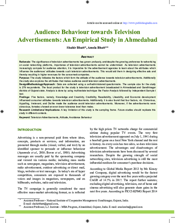 (PDF) Audience Behaviour towards Television Advertisements: An ...