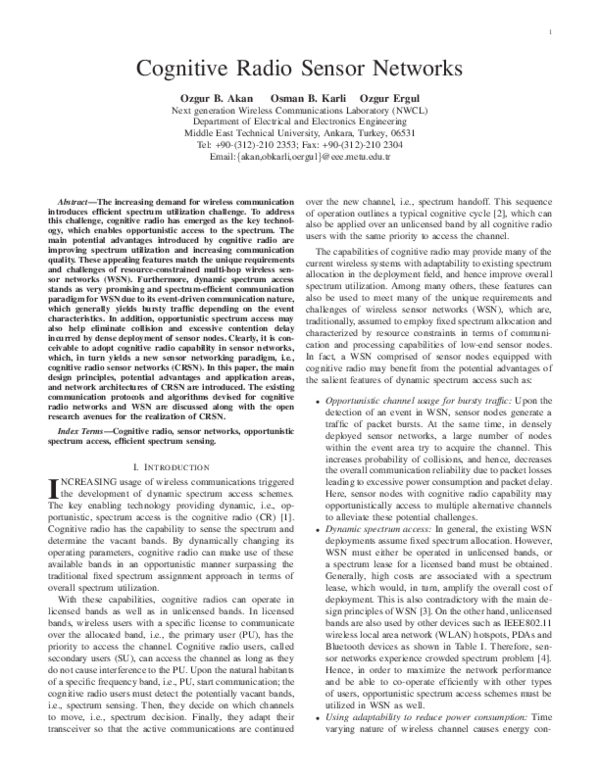 (PDF) Cognitive Radio Sensor Networks