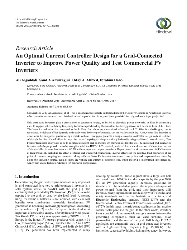 Pdf An Optimal Current Controller Design For A Grid Connected