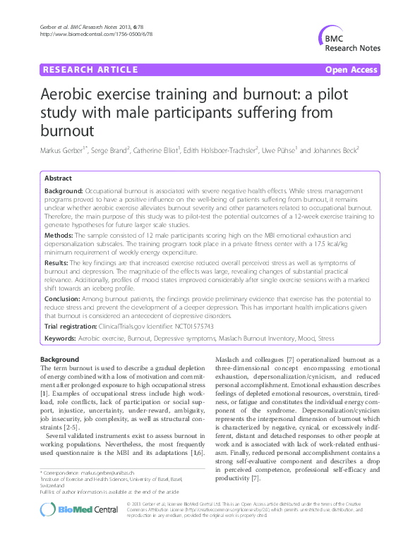 (PDF) Aerobic exercise training and burnout: a pilot study with male ...