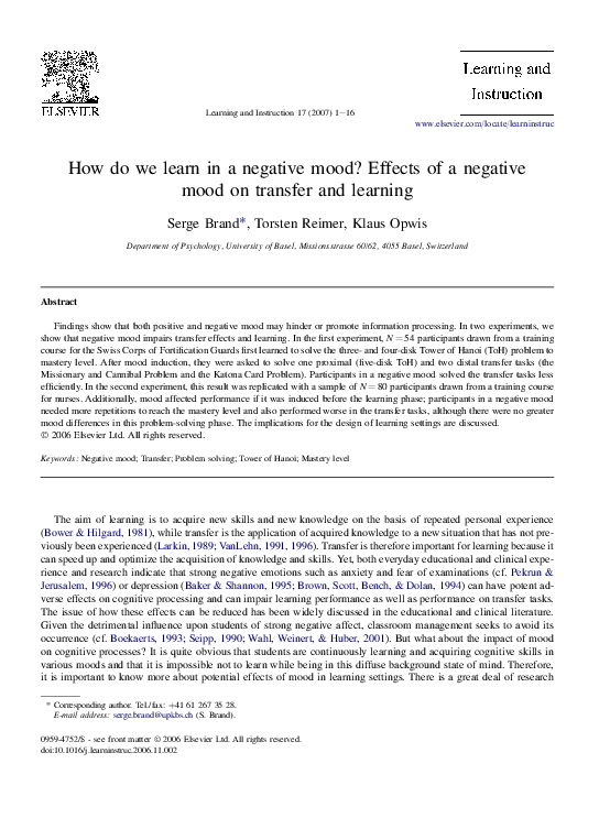 (PDF) How do we learn in a negative mood? Effects of a negative mood on ...