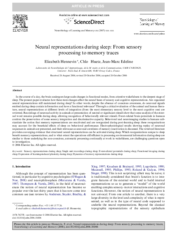 (PDF) Neural representations during sleep: From sensory processing to ...