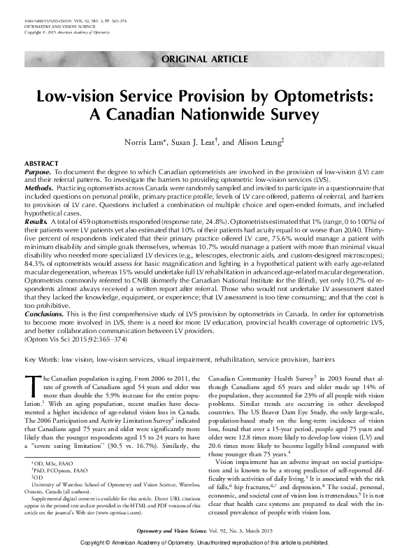 (PDF) Low-vision Service Provision by Optometrists: A Canadian ...