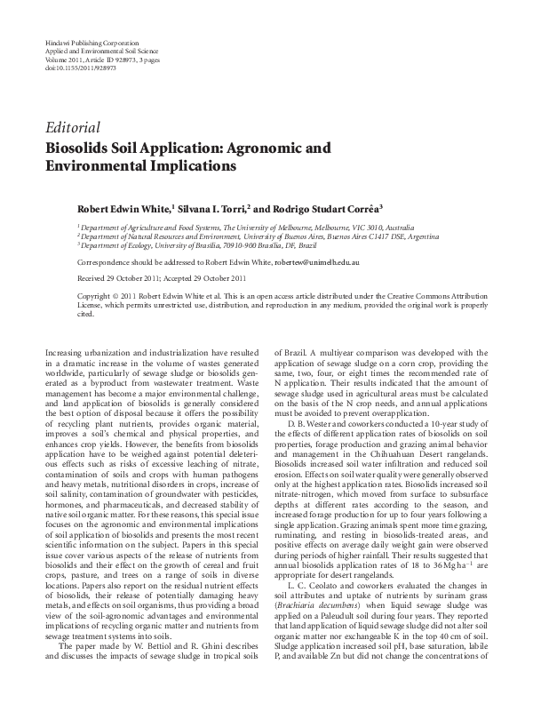 (PDF) Biosolids Soil Application: Agronomic and Environmental Implications