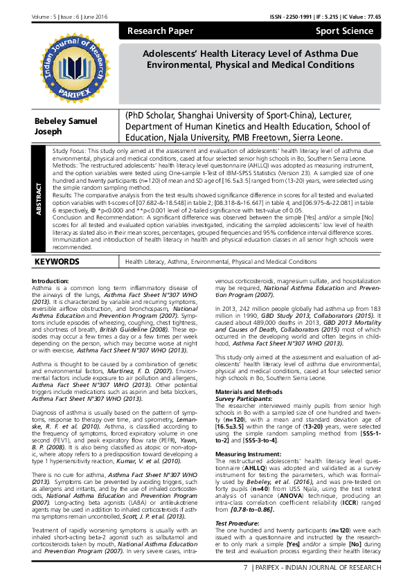 (PDF) Adolescents' Health Literacy Level of Asthma Due Environmental ...