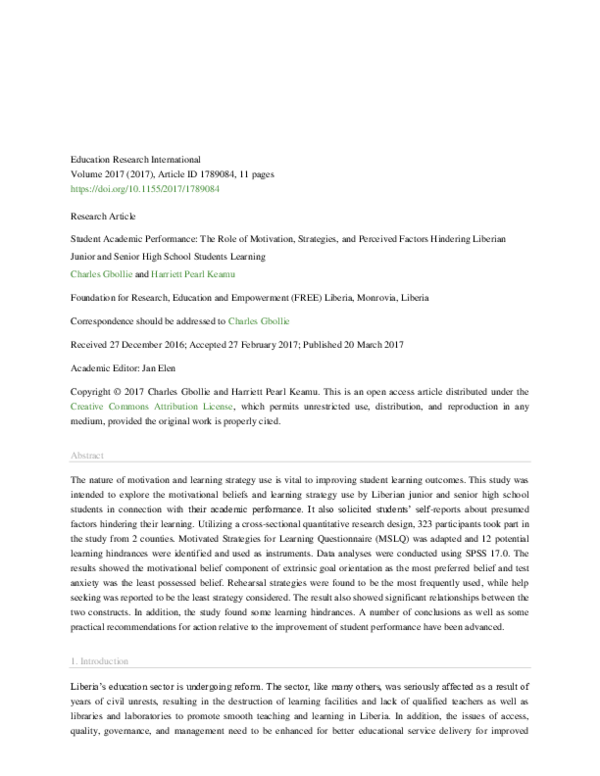 (DOC) Student Academic Performance: The Role of Motivation, Strategies, and Perceived Factors ...