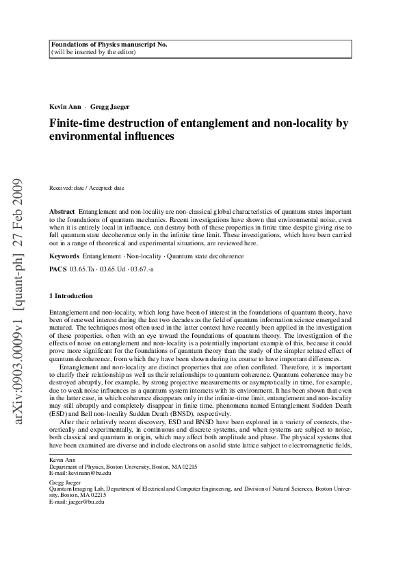 (PDF) Finite-Time Destruction of Entanglement and Non-Locality by ...