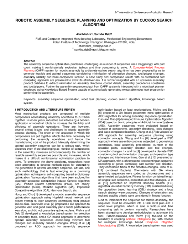 Pdf Robotic Assembly Sequence Planning And Optimization By Cuckoo Search Algorithm Deb 