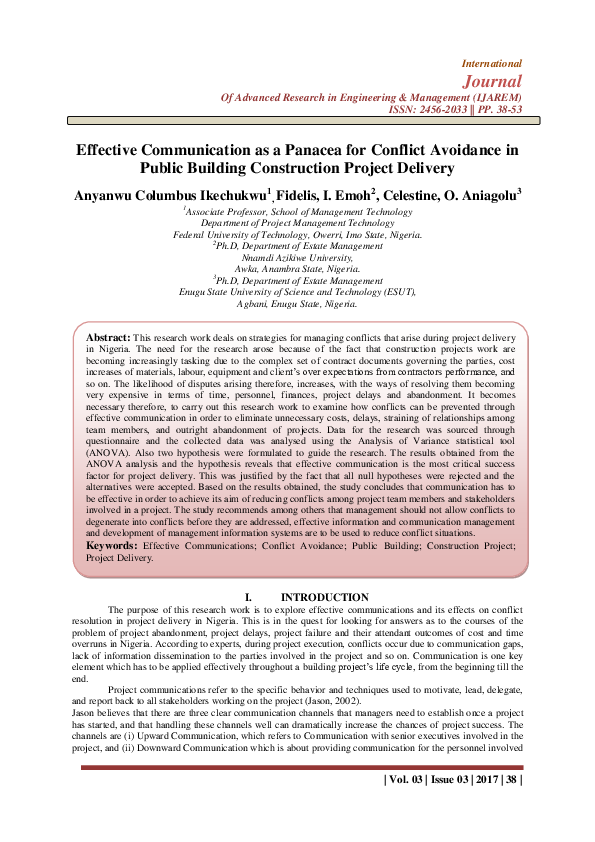 (PDF) Effective Communication as a Panacea for Conflict Avoidance in ...