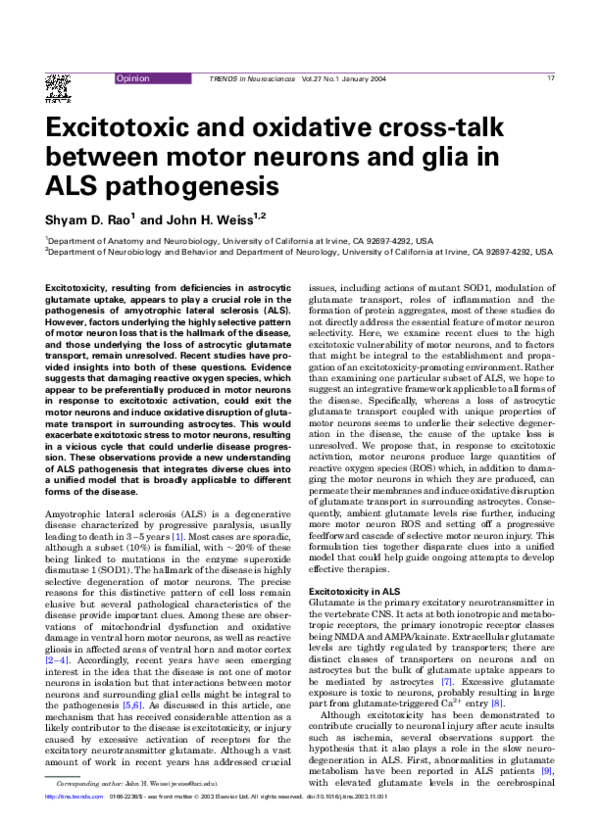 (PDF) Excitotoxic and oxidative cross-talk between motor neurons and ...