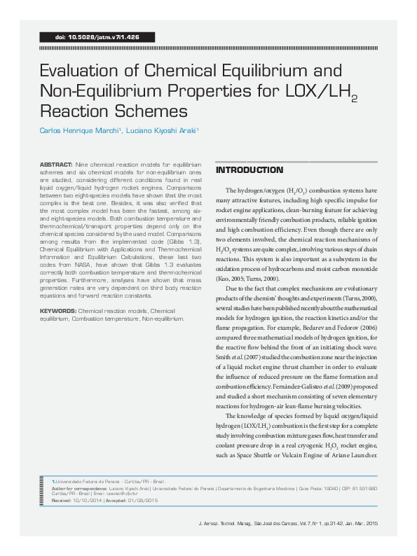 (PDF) Evaluation of Chemical Equilibrium and Non-Equilibrium Properties ...
