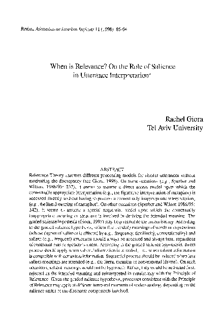 (PDF) When is Relevance? On the Role of Salience in Utterance ...