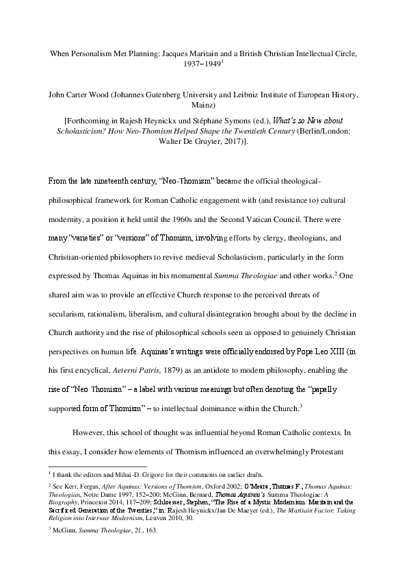 (PDF) "When Personalism Met Planning: Jacques Maritain and a British ...