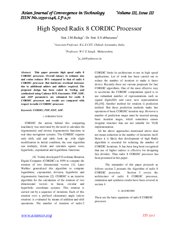 (PDF) High Speed Radix 8 CORDIC Processor