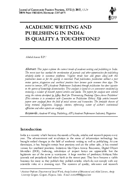 (PDF) ACADEMIC WRITING AND PUBLISHING IN INDIA: IS QUALITY A TOUCHSTONE