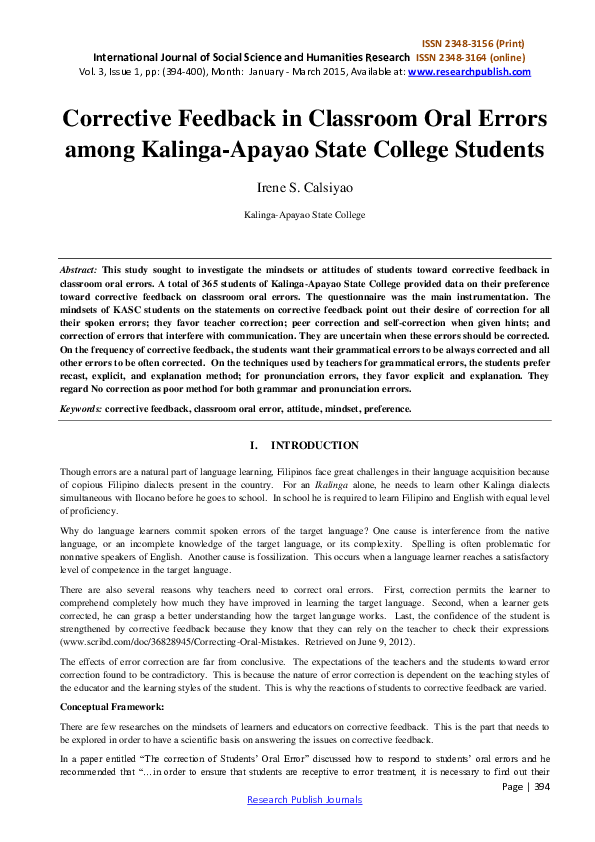 (PDF) Corrective Feedback in Classroom Oral Errors among Kalinga-Apayao State College Students