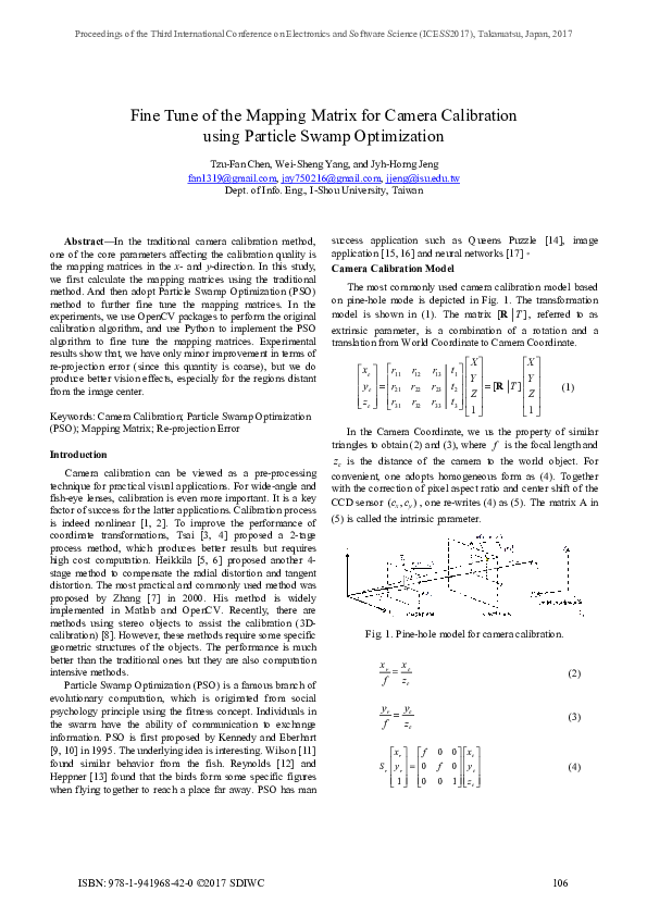 (PDF) Fine Tune of the Mapping Matrix for Camera Calibration using Particle Swamp Optimization