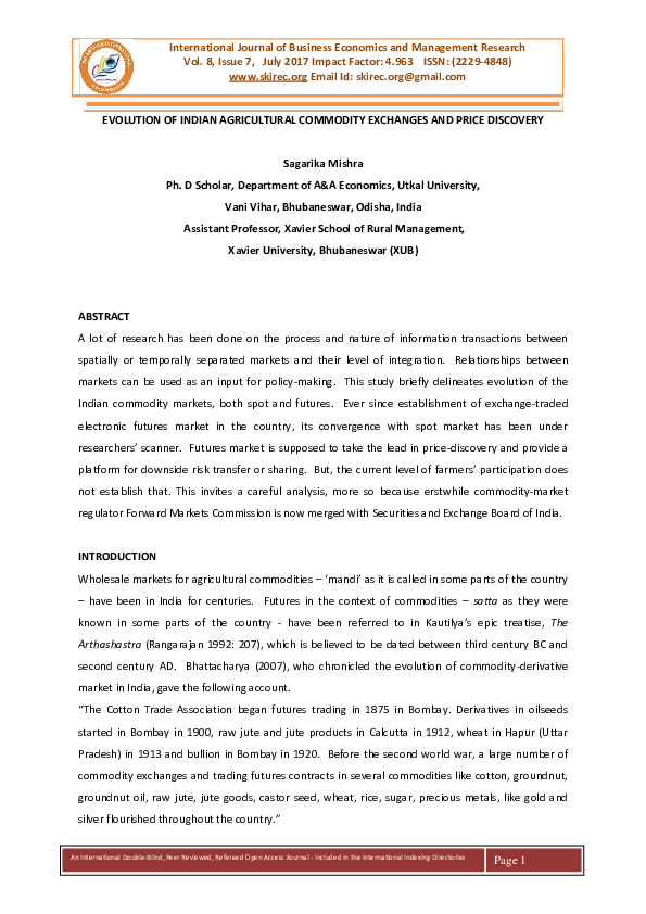 (PDF) EVOLUTION OF INDIAN AGRICULTURAL COMMODITY EXCHANGES AND PRICE DISCOVERY