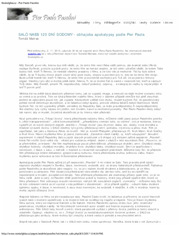 (PDF) Tomáš Matras - SALÓ ANEB 120 DNÍ SODOMY - obhajoba apokalypsy podle Pier Paola (2010)