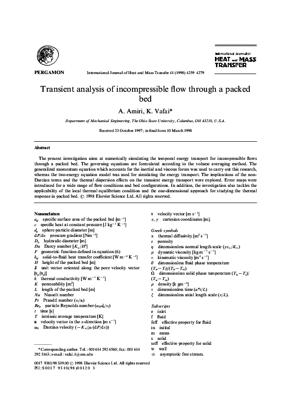 (PDF) Transient analysis of incompressible flow through a packed bed | ali amiri - Academia.edu