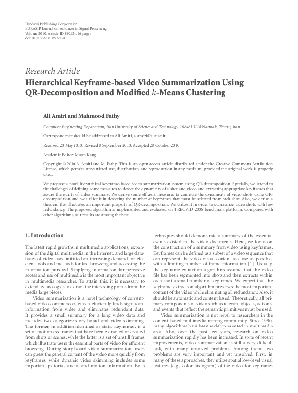 Pdf Hierarchical Keyframe Based Video Summarization Using Qr Decomposition And Modified K