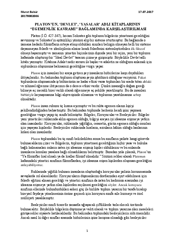 (DOC) Platonun devlet ve Yasalar kitabı karşılaştırması