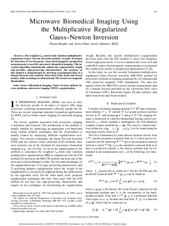 (PDF) Microwave Biomedical Imaging Using the Multiplicative Regularized Gauss--Newton Inversion